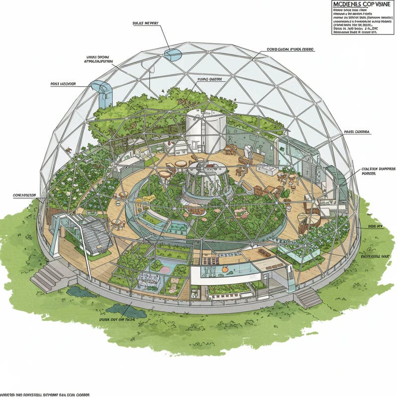 Geodesic Dome Structure Houses a Self-sustaining Ecosystem. Interior ...