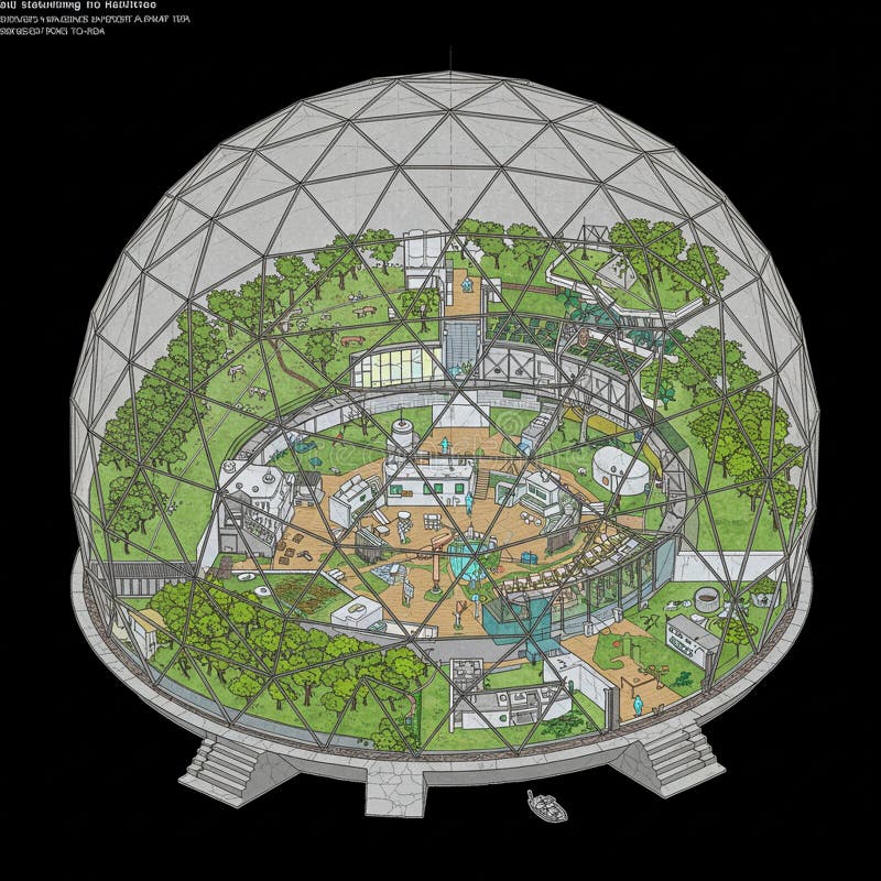 Geodesic Dome Structure Showcasing a Self-contained Ecosystem with a ...
