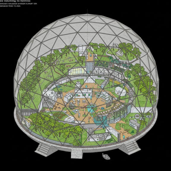 Geodesic Dome Structure Showcasing a Self-contained Ecosystem with a ...