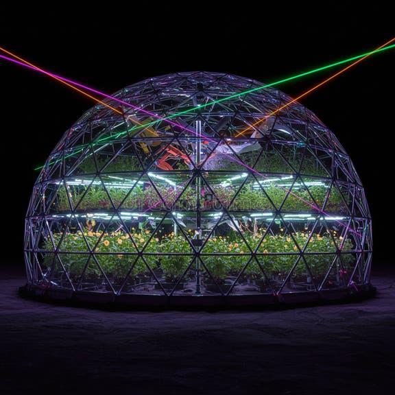 Geodesic Dome Structure with a Transparent Framework Illuminated by ...