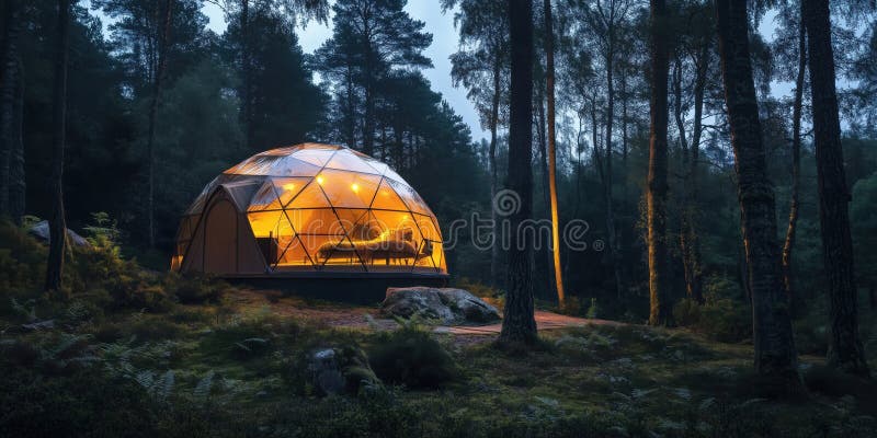 Geodesic Dome Tent Illuminated at Dusk in Serene Forest Setting with a ...
