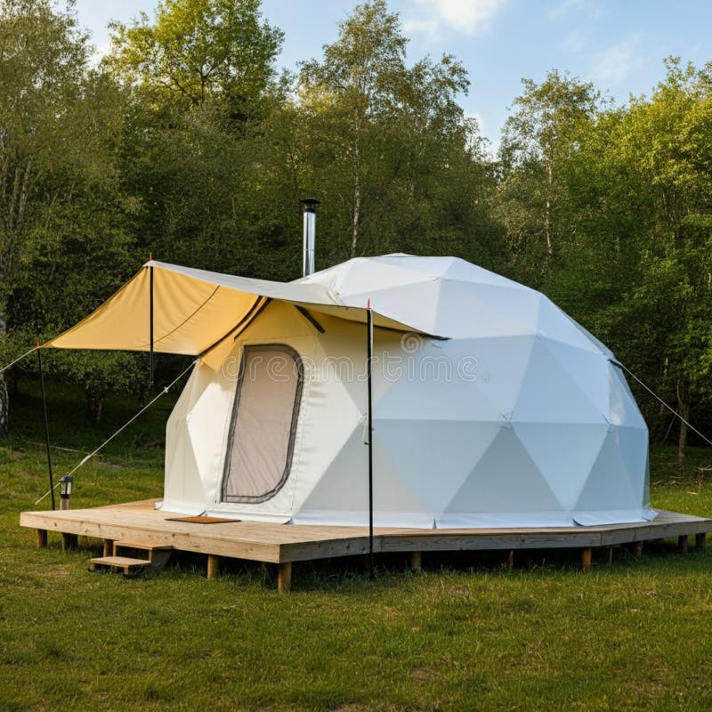 Geodesic Dome Tent Set on a Wooden Platform in a Grassy Area Surrounded ...