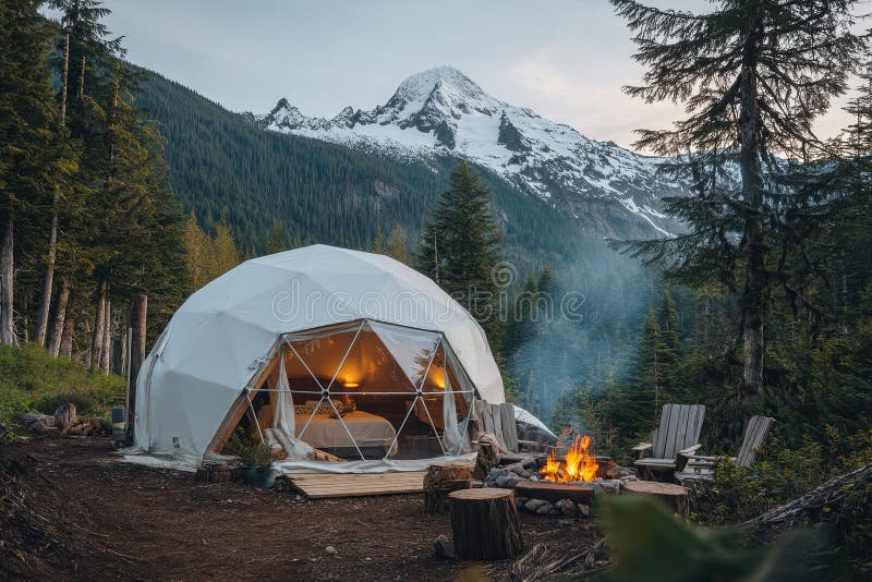 Geodesic Dome on Wooden Platform in Mountainous Region, Soft Light ...