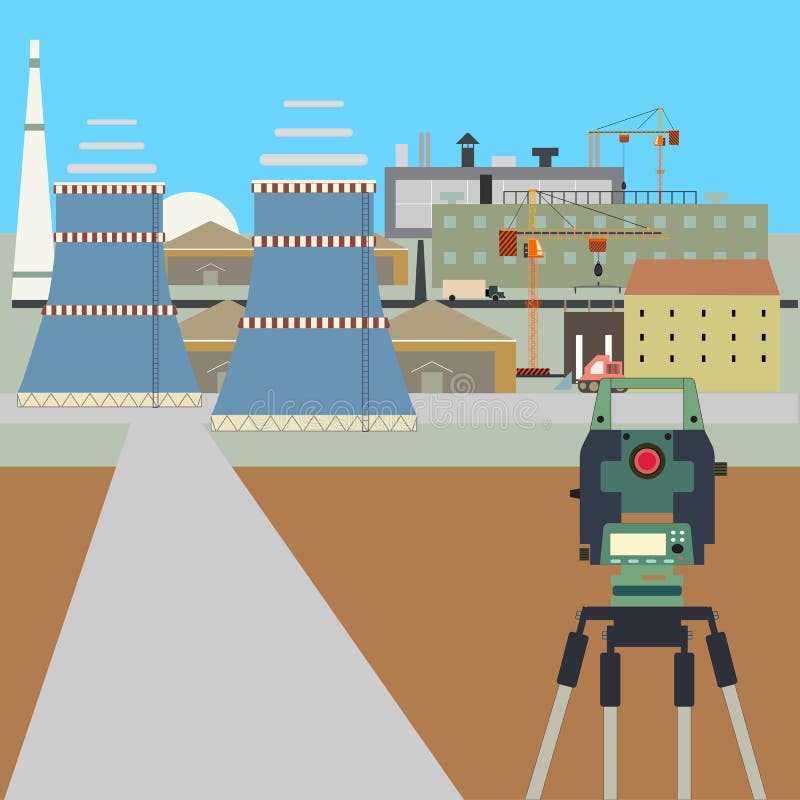 Geodesie bij kerncentrale vector illustratie. Illustration of kern ...