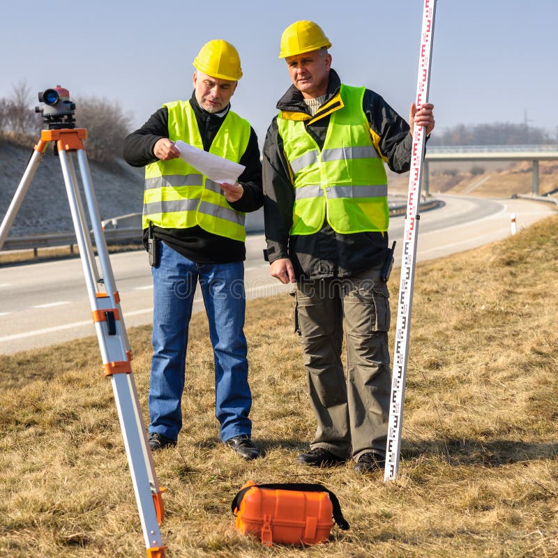 Geodesist Two Man Theodolite Stand Highway Stock Photo - Image of ...