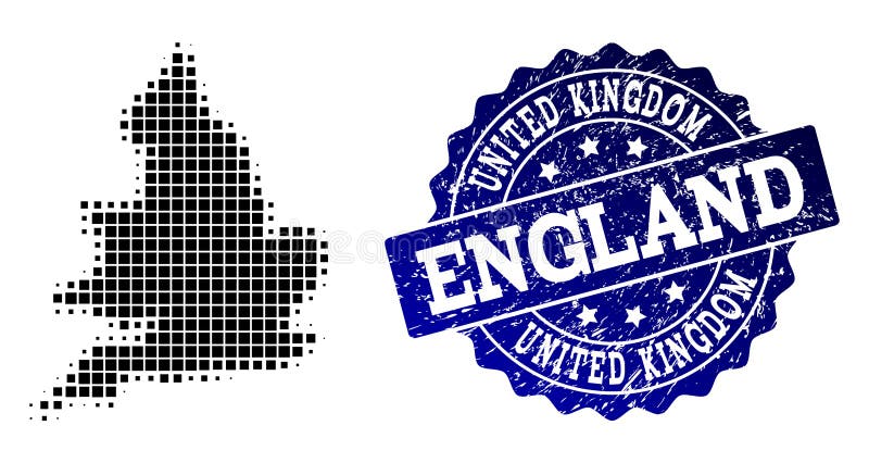 Collage of Halftone Dotted Map of England and Grunge Stamp Watermark ...