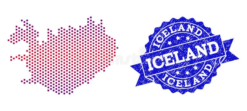 Composition Of Gradiented Dotted Map Of Iceland And Grunged Stamp Stock