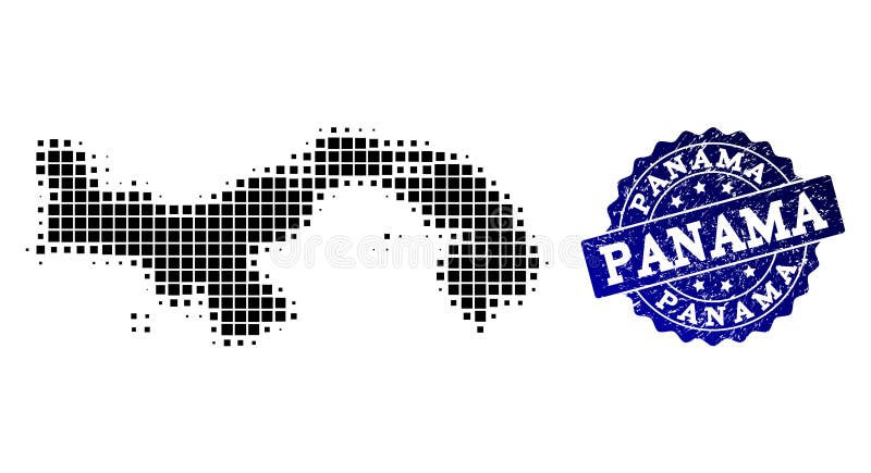 Collage of Halftone Dotted Map of Panama and Grunge Stamp Watermark ...