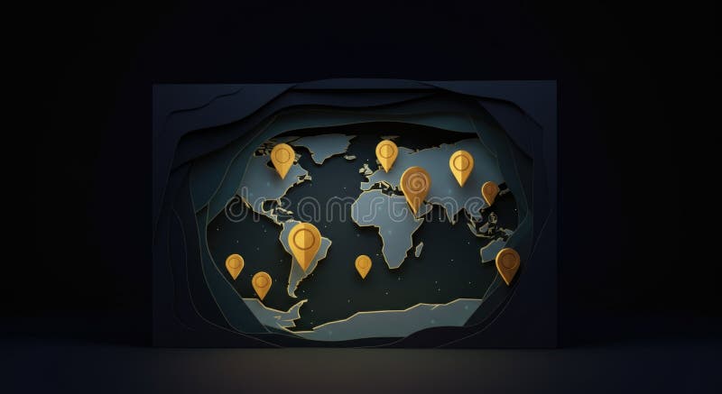 Geographic Location Pins on World Map Cutout Design with Dark ...