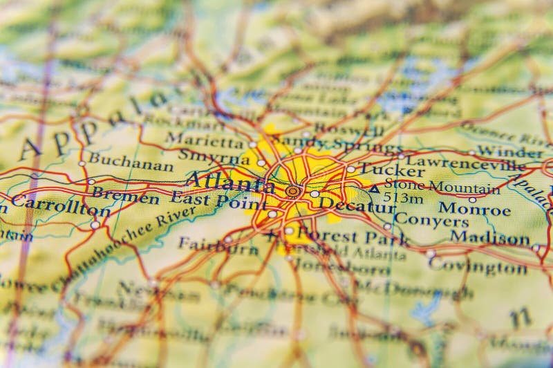 Atlanta on map stock image. Image of airport, populous - 114070715