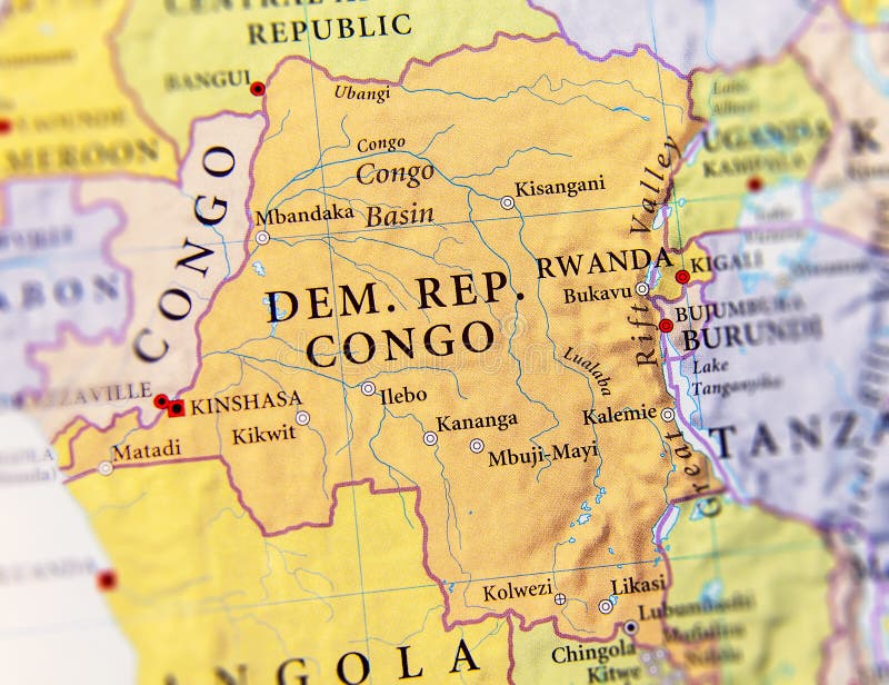 Geographic Map of Democratic Republic Congo with Important Cities Stock ...