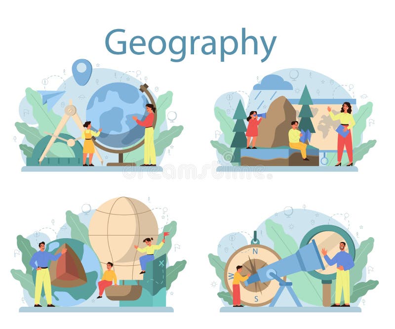 Geography Class Concept Set. Studying the Lands, Features, Inhabitants ...
