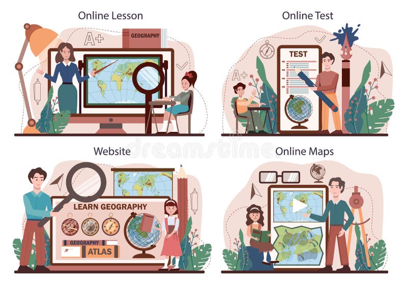 Geography Class Online Service or Platform Set. Students Learning the ...