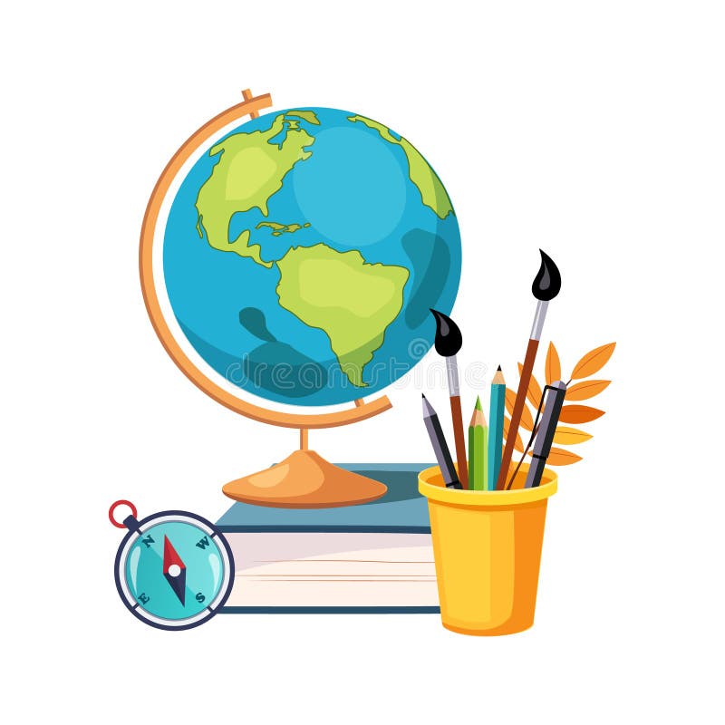 Geography, Globe and Writing Tools, Set of School and Education Related ...