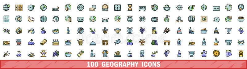100 Geography Icons Set, Color Line Style Stock Vector - Illustration ...