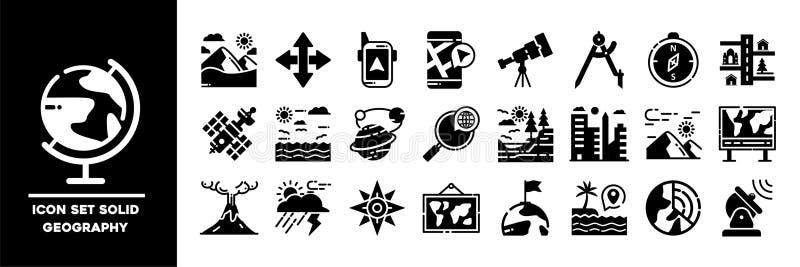 Geography Solid Icon Set Featuring Various Globes, Maps, and Navigation ...