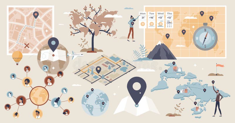 Geolocation Set with GPS Location and Direction Guide Tiny Person ...