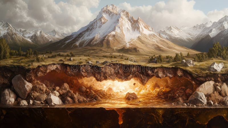 Geological Cross Section of Earth with Mountain Landscape and Molten ...