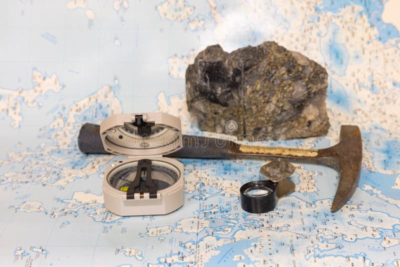 Geological Fieldwork Tools: Hammer, Compass, Magnifying Glass, Rock ...
