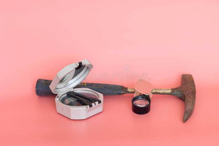 Geological Fieldwork Tools: Hammer, Compass, Magnifying Glass, Rock ...