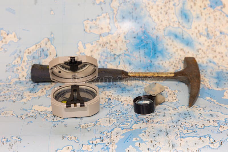 Geological Fieldwork Tools: Hammer, Compass, Magnifying Glass, Rock ...