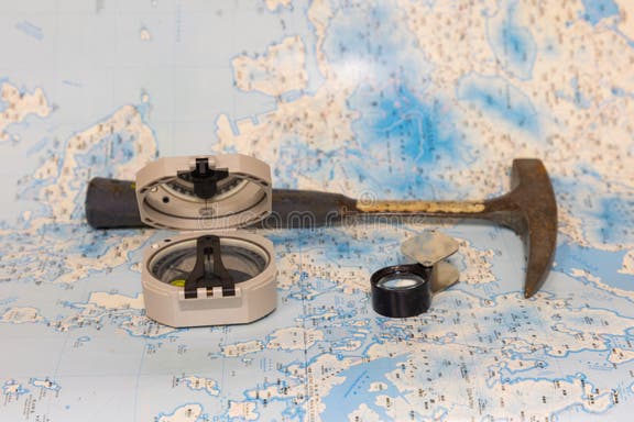 Geological Fieldwork Tools: Hammer, Compass, Magnifying Glass, Rock ...