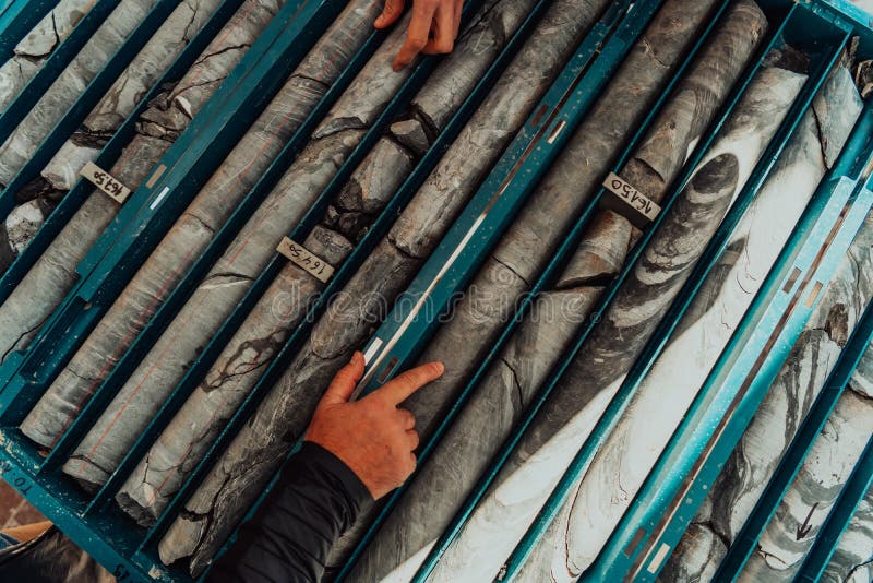 Geological Gold Core Samples with Team of Mining Workers Measuring ...