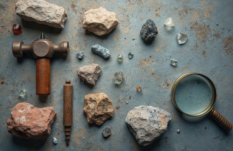 Geological Tools Arranged Flat Lay Rock Hammer, Magnifying Glass ...