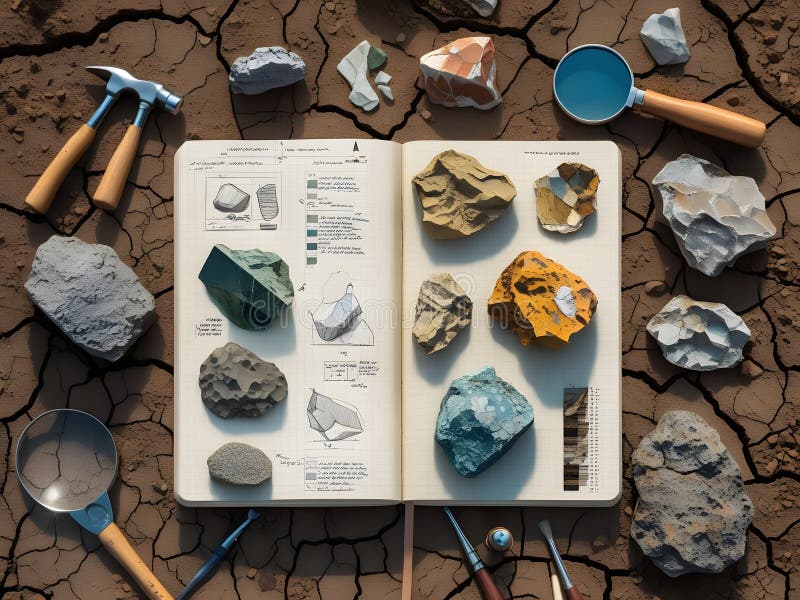 Top View of Field Notebook, Rock Samples, and Geological Tools Spread ...