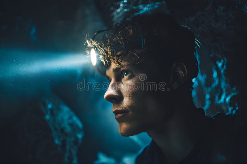 Geologist Exploring Dark Cave Using Headlamp Light Stock Photo - Image ...