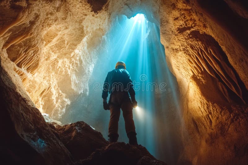 Geologist Holding Flashlight Exploring Cave with Light Beams Shining ...