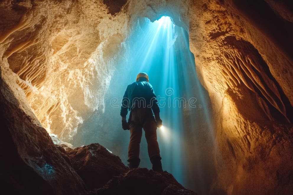 Geologist Holding Flashlight Exploring Cave with Light Beams Shining ...