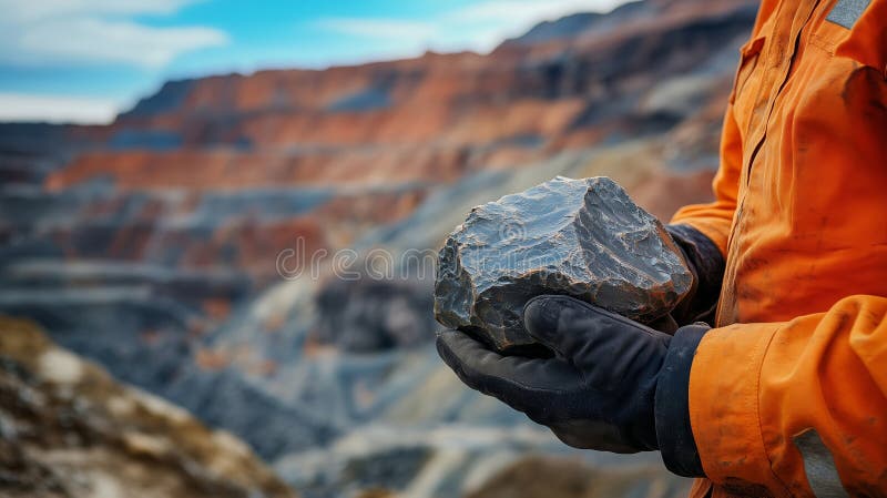 Geologist Holding Manganese Rock Overlooking Open Pit Mine Stock Photo ...
