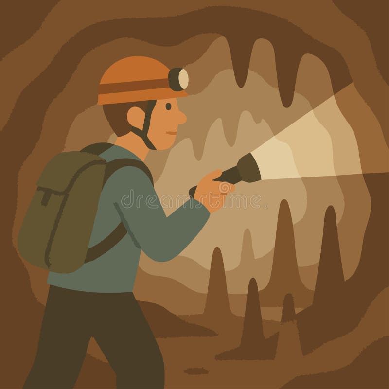 Geologist Navigating a Dark Cave, Holding a Flashlight while Wearing a ...