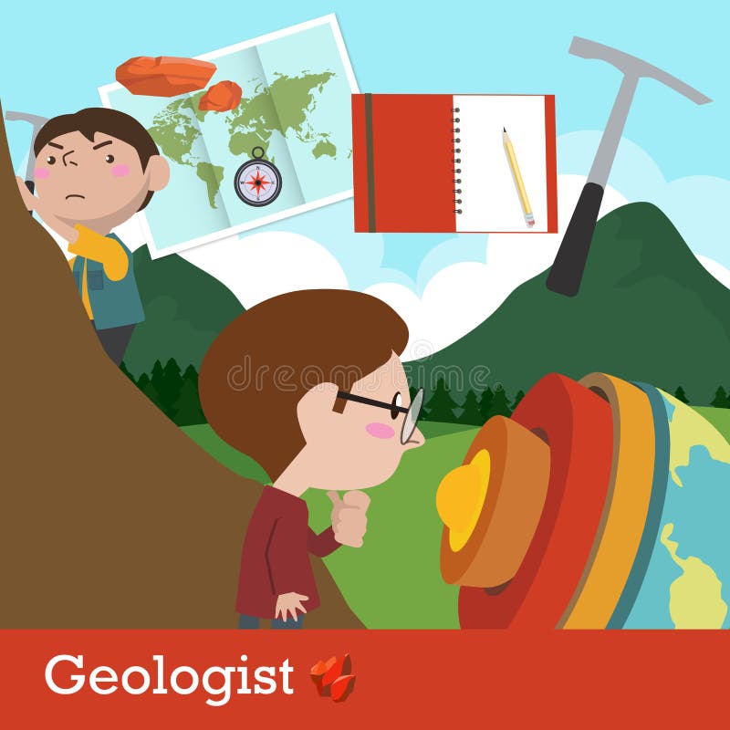 Cartoon Man Geologist Showing Pictures of Rocks and Mountains Stock ...