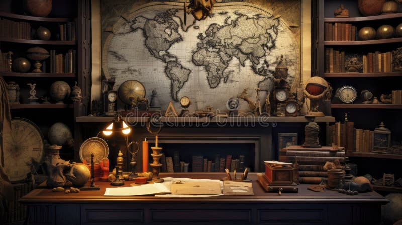 Geologist Work Desk. on His Desk are: Map Case, Geological Hammer ...