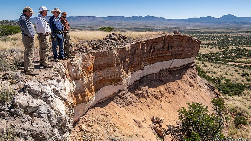Geologists Examine Layered Rock Strata Cliff Face Stock Illustration ...