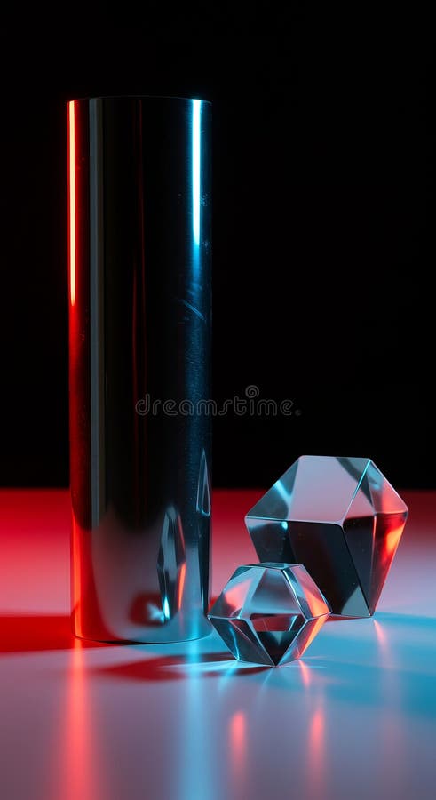 Geometric Abstract Art with Reflective Glass Surfaces in Neon Red and ...