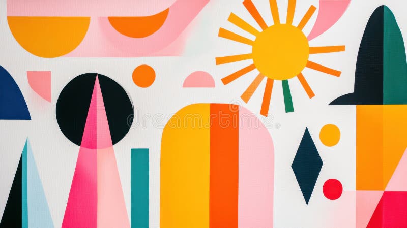 Geometric Abstract Art with Sun and Colorful Shapes on White Background ...