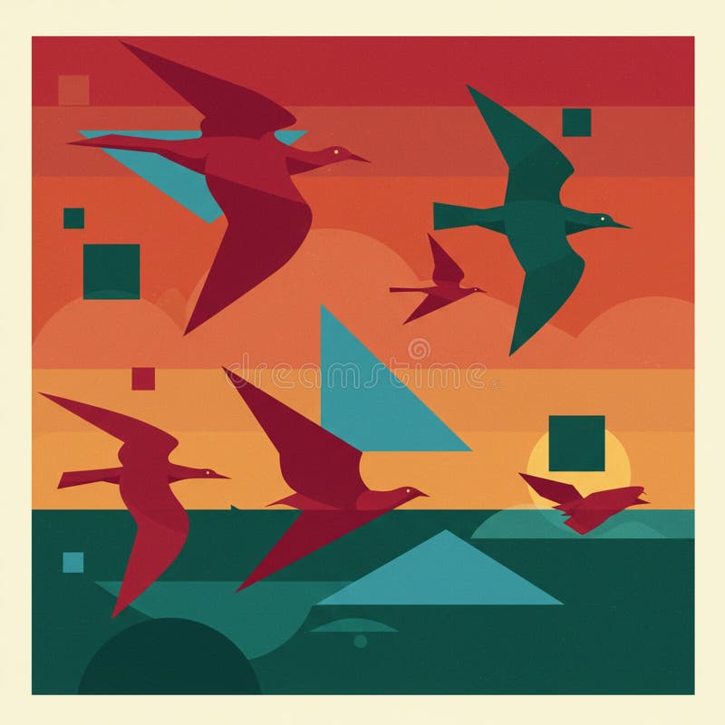 Geometric Abstract Artwork Featuring Stylized Birds Flying Across a ...