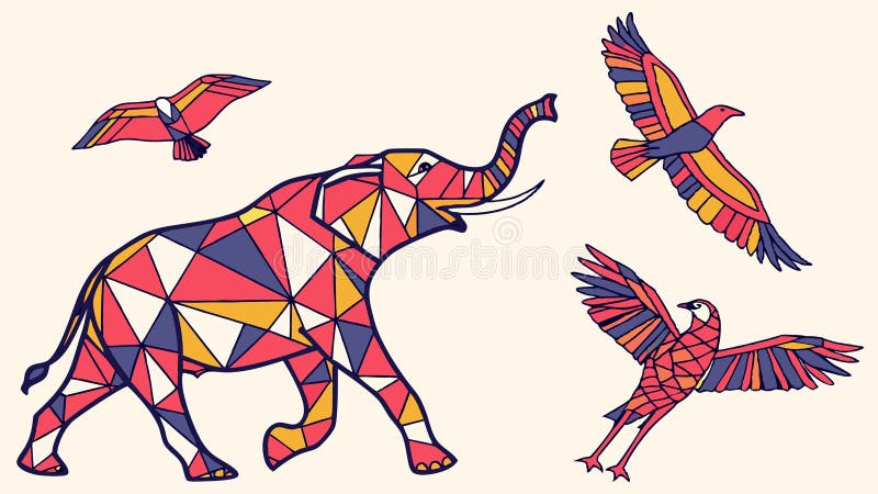 Geometric Abstract Elephant and Eagles Illustration, Vector Design ...