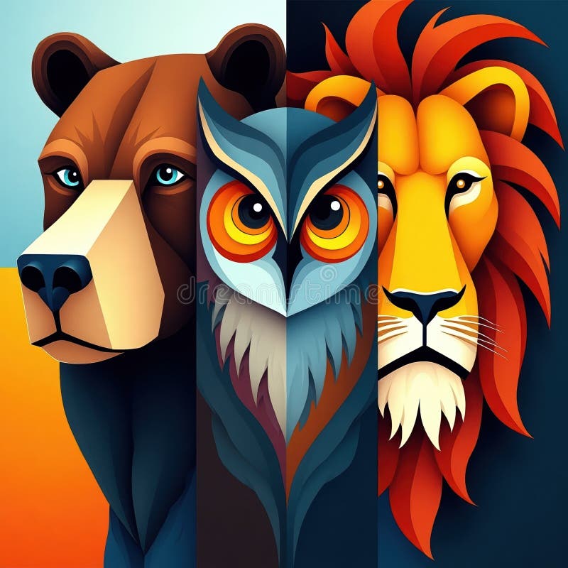 Geometric Animals: Bear, Owl, and Lion Stock Illustration ...
