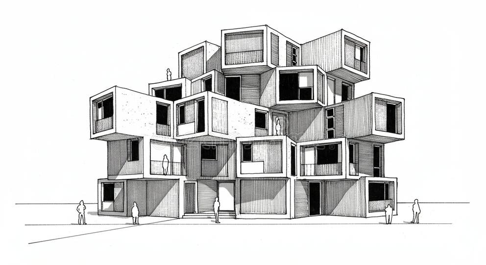 Geometric Architectural Drawing Featuring a Modular, Cube-like ...