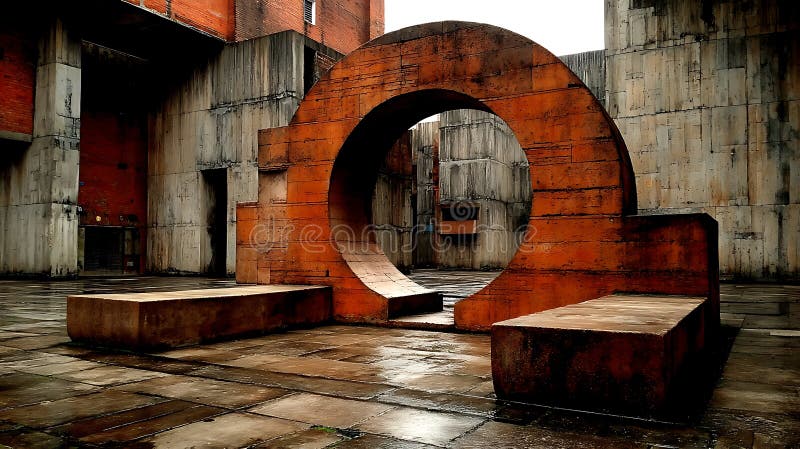 Geometric Architectural Structure Featuring a Large, Rust-colored ...