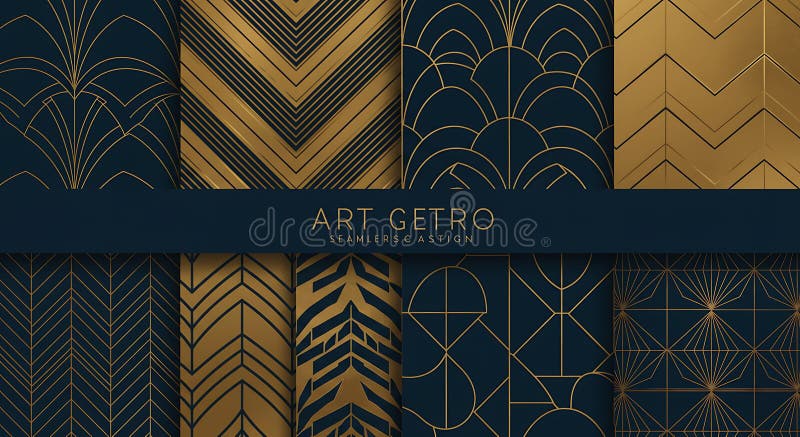 Geometric Art Deco Patterns in Gold and Dark Blue. Designs Include ...