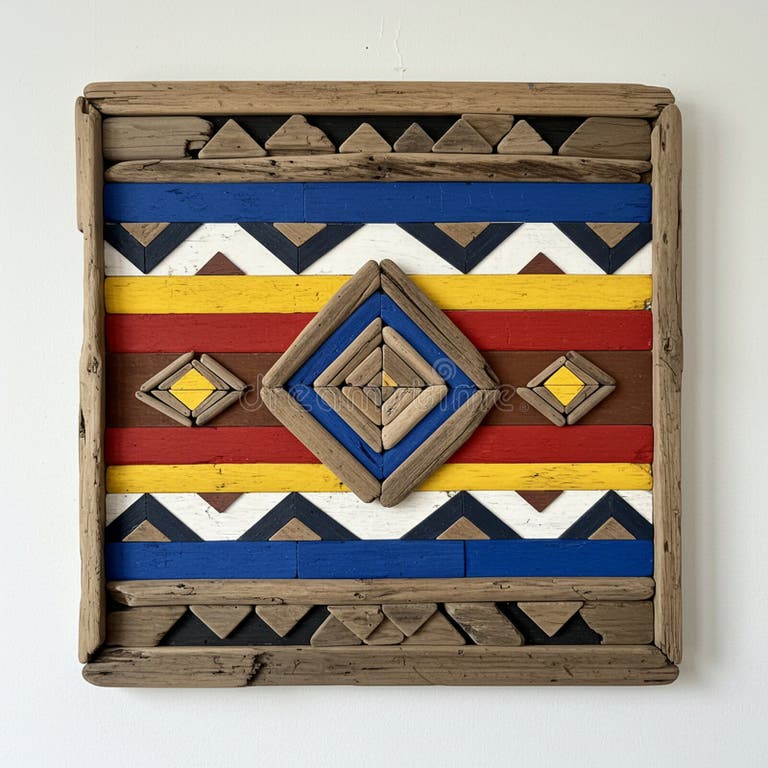 Geometric Art Piece Featuring Layered Wooden Elements in a Square Frame ...