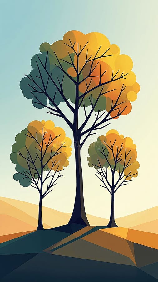 Geometric Autumn Trees: Stylized Landscape with Changing Seasons Stock ...