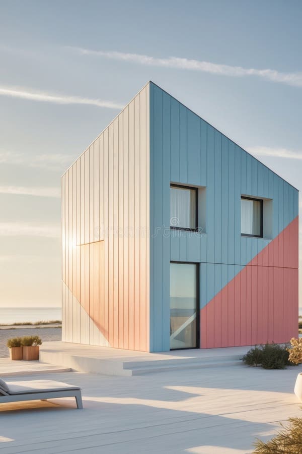 Geometric Beach House with Wall Mural for Design Promo. Stock Photo ...
