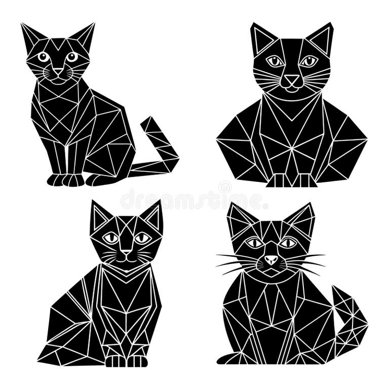 Geometric Black Cat Art Designs with Polygon Patterns Stock Vector ...