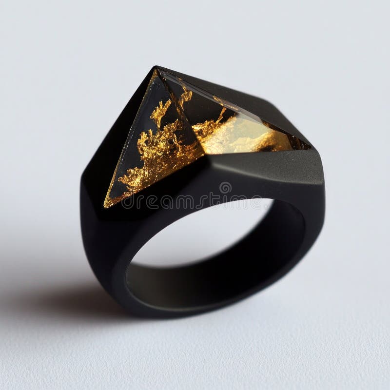 Geometric Black Ring with Gold Leaf Embedded in Transparent Gemstone ...